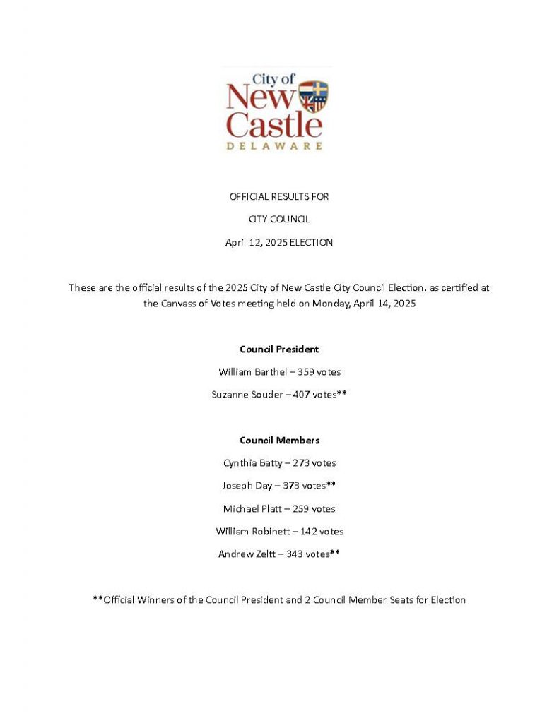 Official Election Results - City of New Castle - New Castle County Delaware